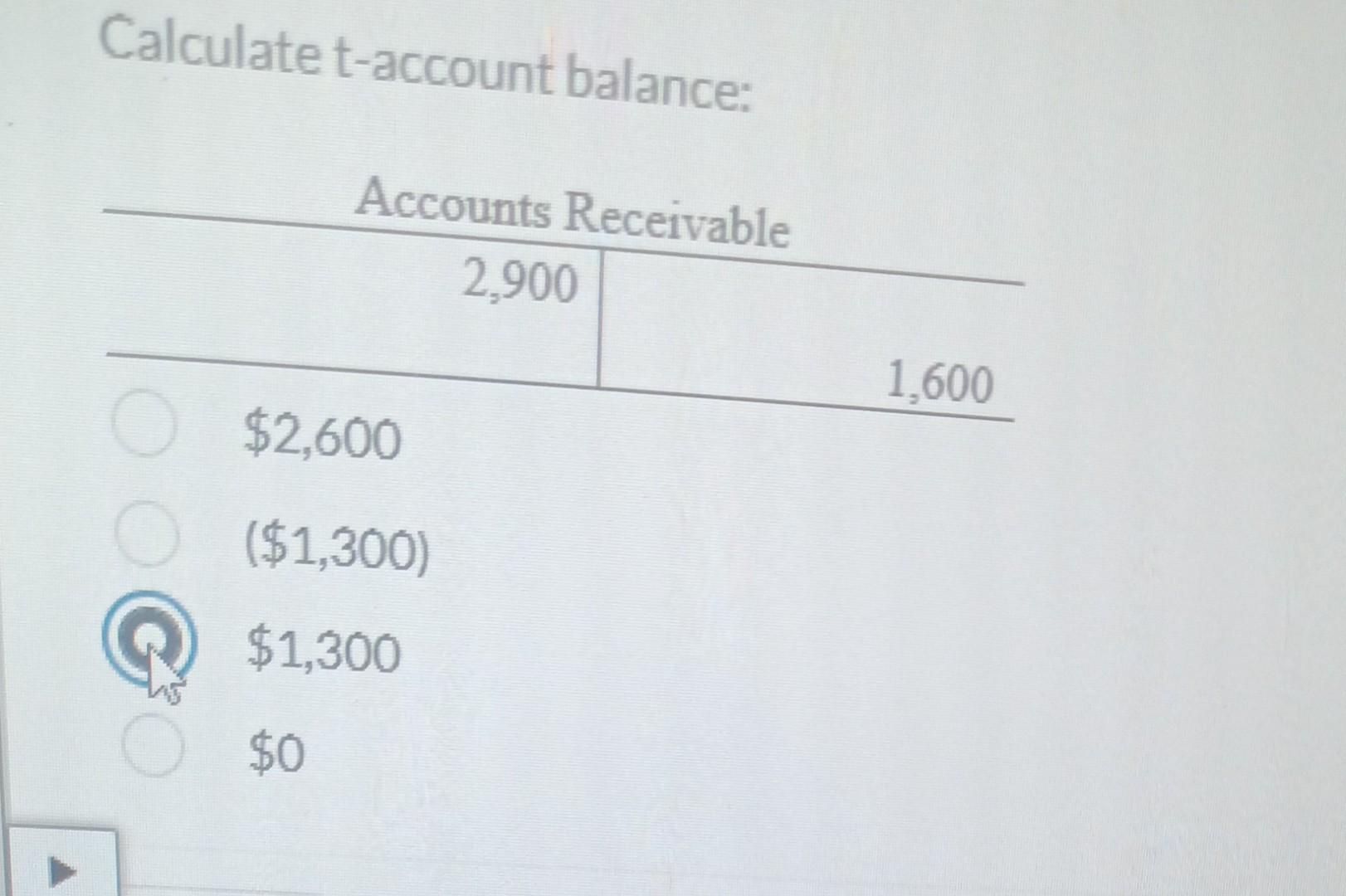 Solved Calculate t-account balance: $∠,0∪U($1,300)$1,300 $0 | Chegg.com