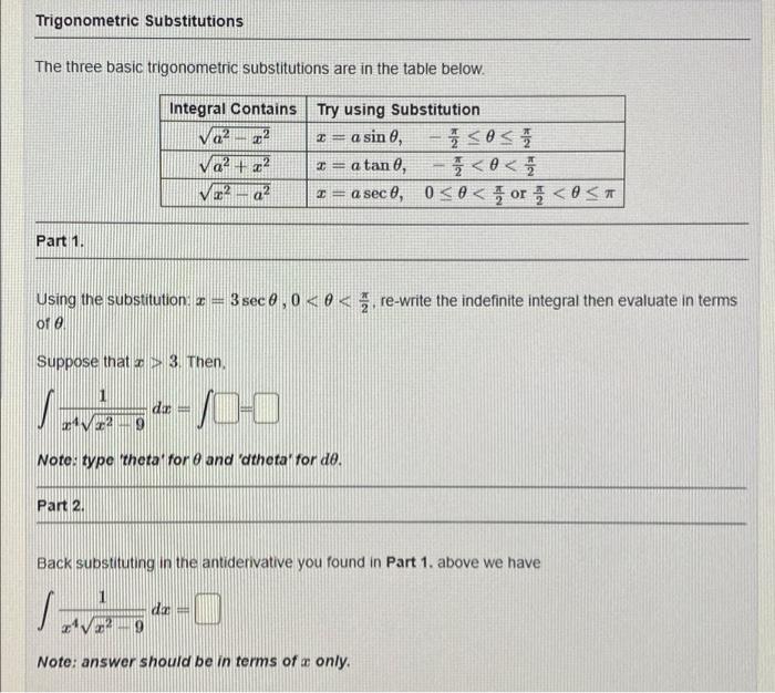 Solved Trigonometric Substitutions The three basic | Chegg.com