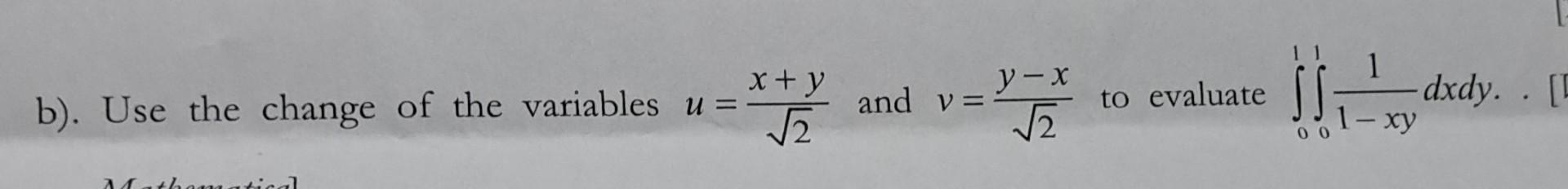 Solved b). Use the change of the variables u=2x+y and v=2y−x | Chegg.com