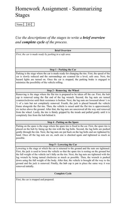 Homework Assignment - Summarizing Stages Use the | Chegg.com