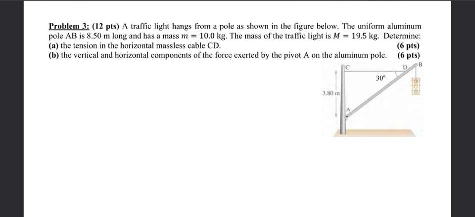 Solved Problem 3: (12 ﻿pts) ﻿A traffic light hangs from a | Chegg.com