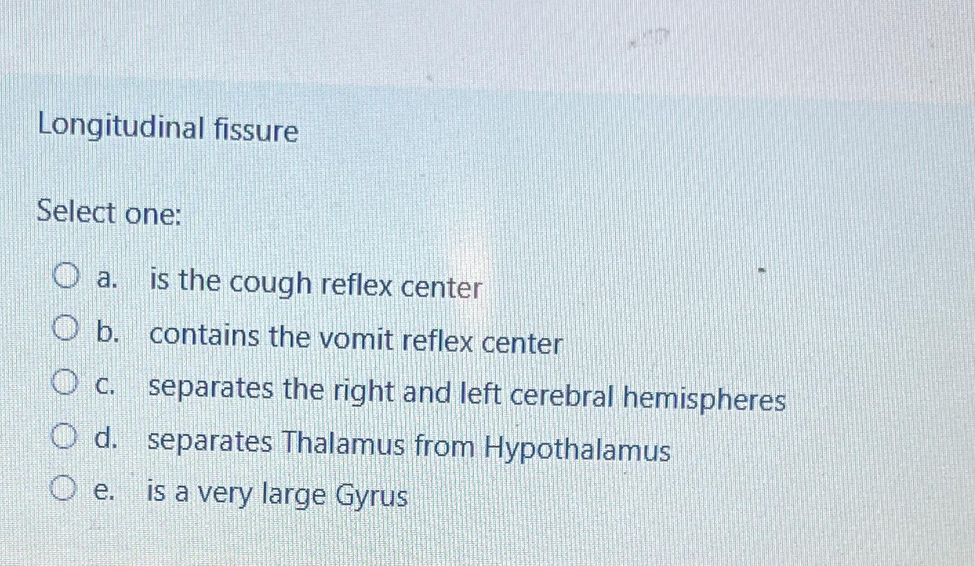 Solved Longitudinal fissureSelect one:a. ﻿is the cough | Chegg.com