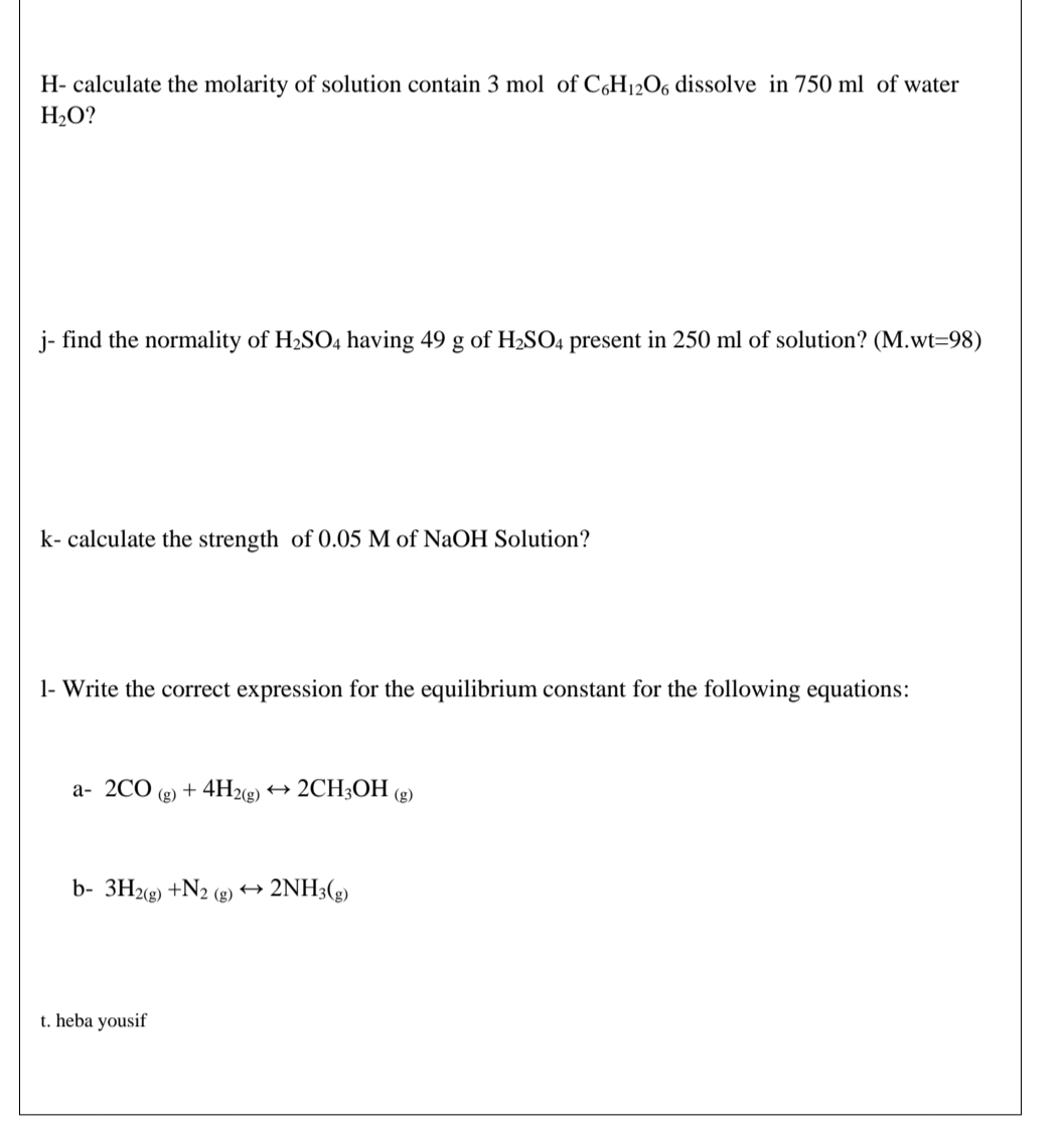 Solved H - ﻿calculate the molarity of solution contain 3mol | Chegg.com