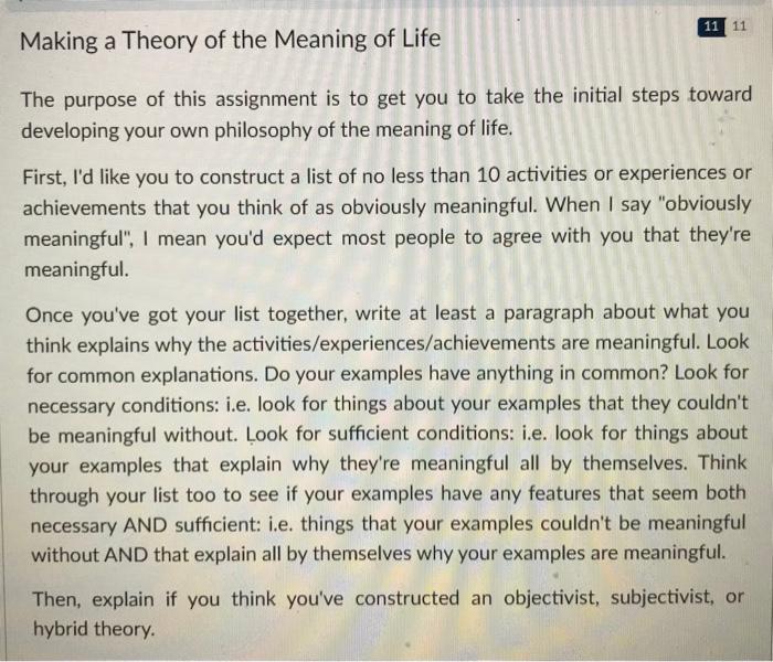 11 11 Making a Theory of the Meaning of Life The | Chegg.com