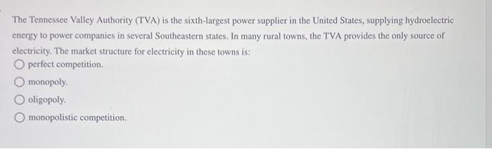 Solved The Tennessee Valley Authority (TVA) is the | Chegg.com