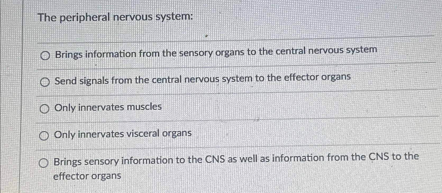 Solved The peripheral nervous system:Brings information from | Chegg.com
