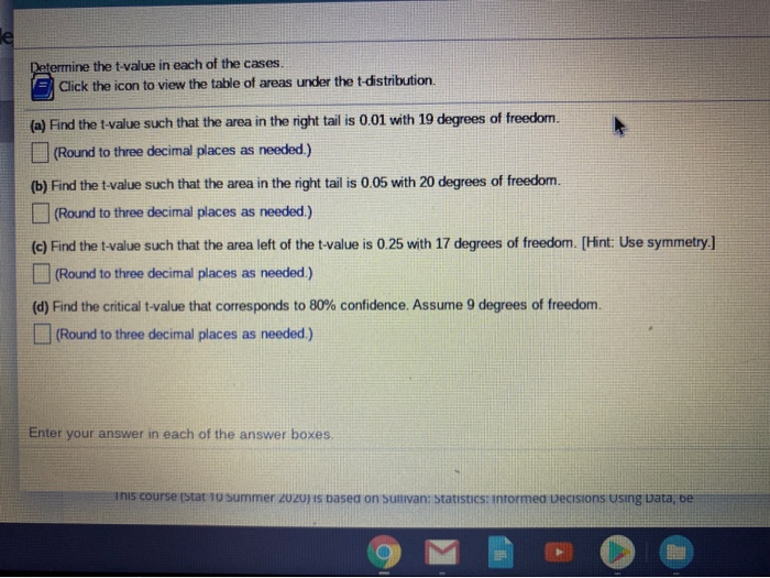 Solved le Determine the t-value in each of the cases. Click | Chegg.com