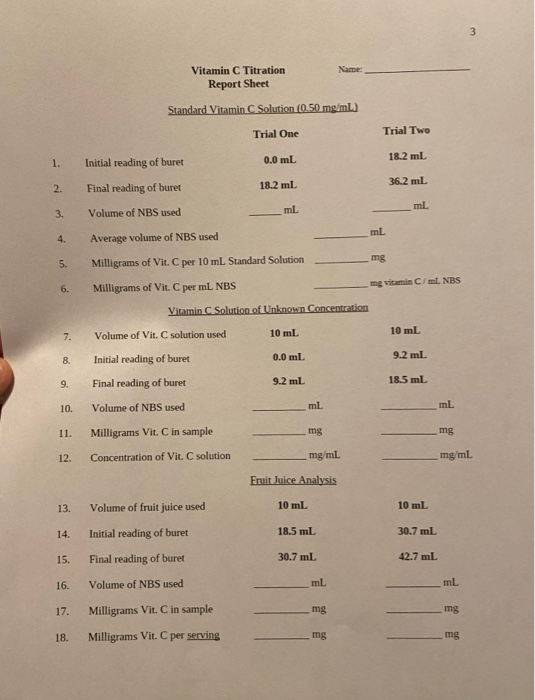 Solved 3 Name: Vitamin C Titration Report Sheet Standard | Chegg.com