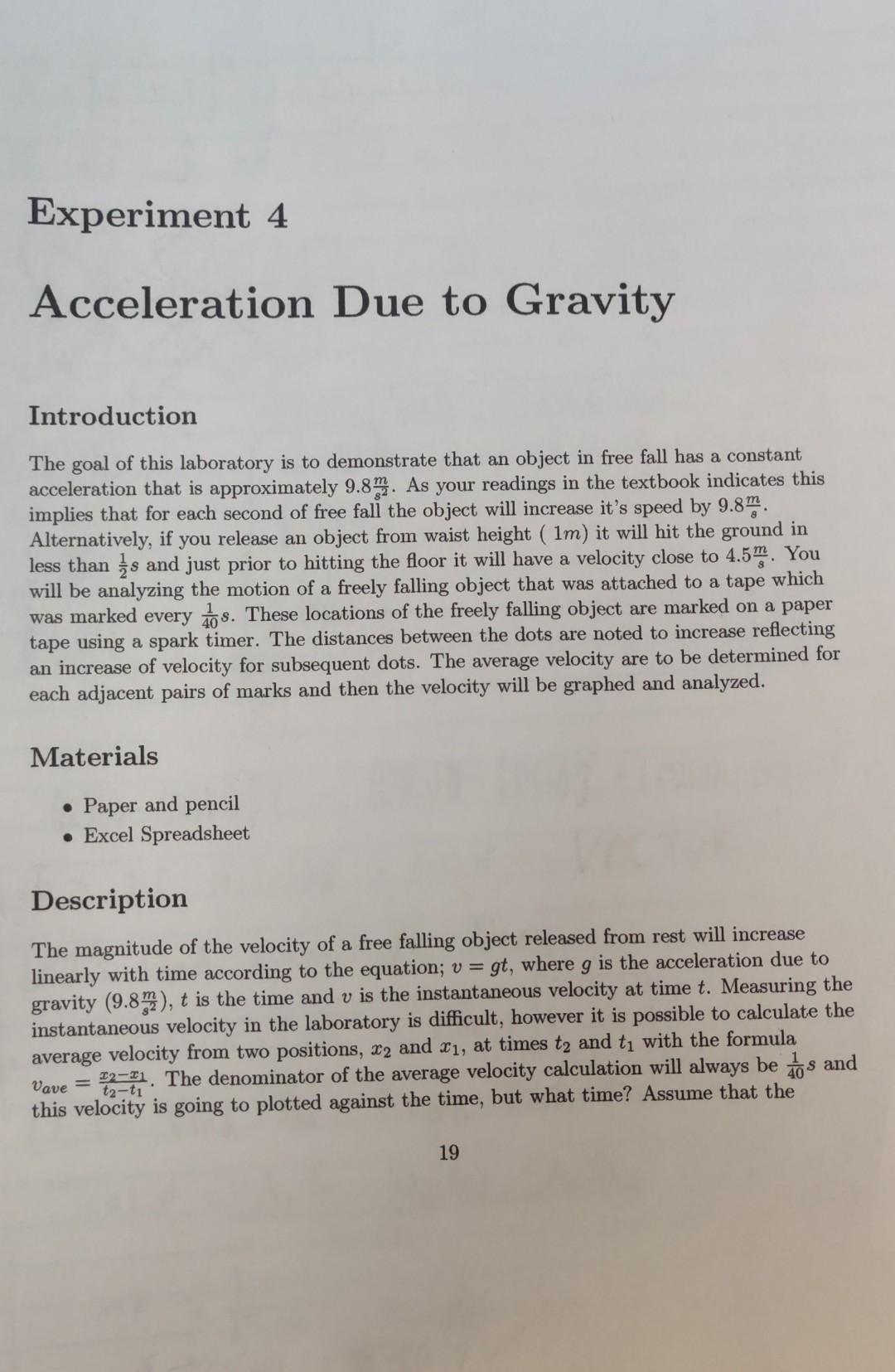 Solved EXPERIMENT 4. ACCELERATION DUE TO GRAVITY 20 average | Chegg.com