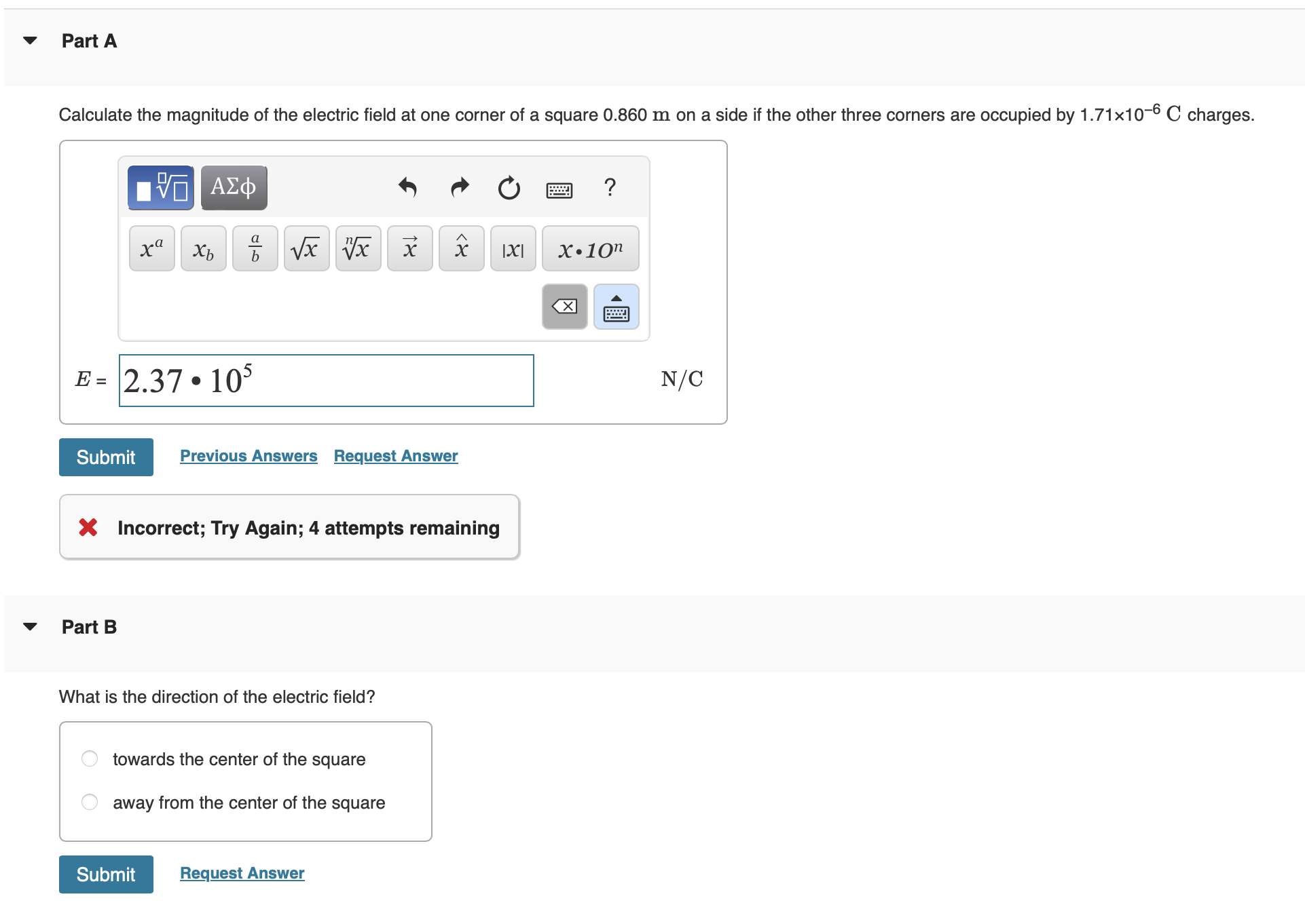 Solved Part ACalculate the magnitude of the electric field | Chegg.com