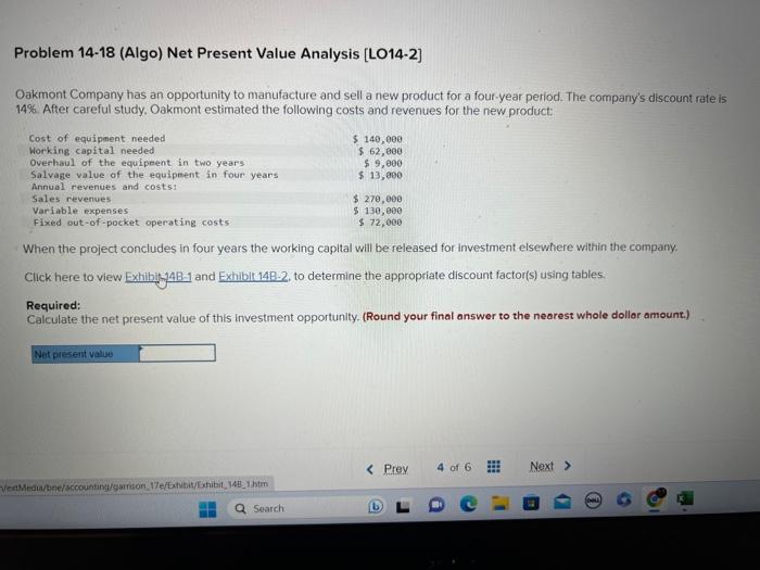 Solved Problem 14-18 (Algo) Net Present Value Analysis | Chegg.com