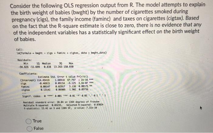 Solved Consider the following OLS regression output from R. | Chegg.com
