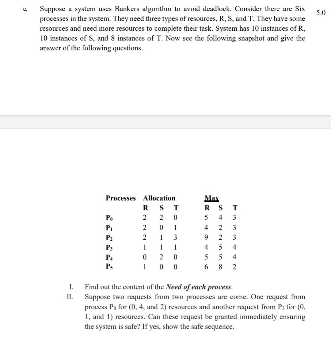 Solved C. 5.0 Suppose a system uses Bankers algorithm to | Chegg.com