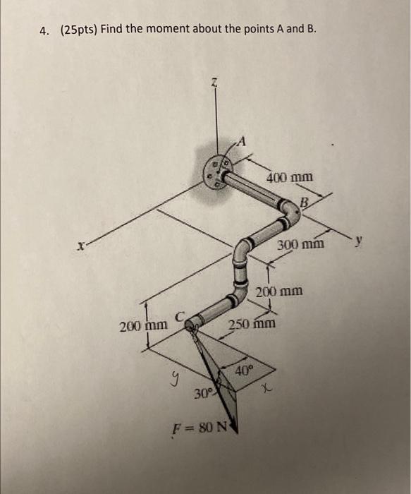 Solved 4. (25pts) Find the moment about the points A and B. | Chegg.com