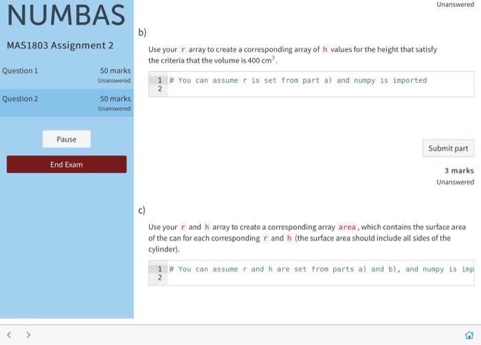 Solved Unanswered NUMBAS MAS1803 Assignment 2 b) Use your r | Chegg.com