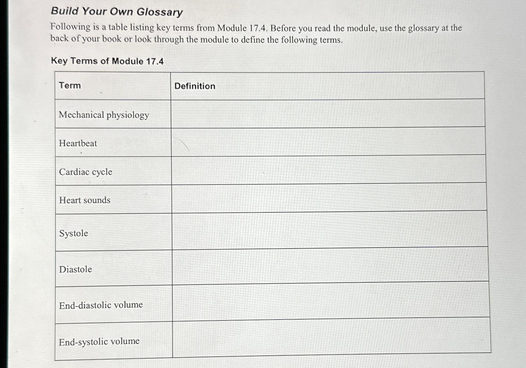 Solved Build Your Own GlossaryFollowing is a table listing | Chegg.com