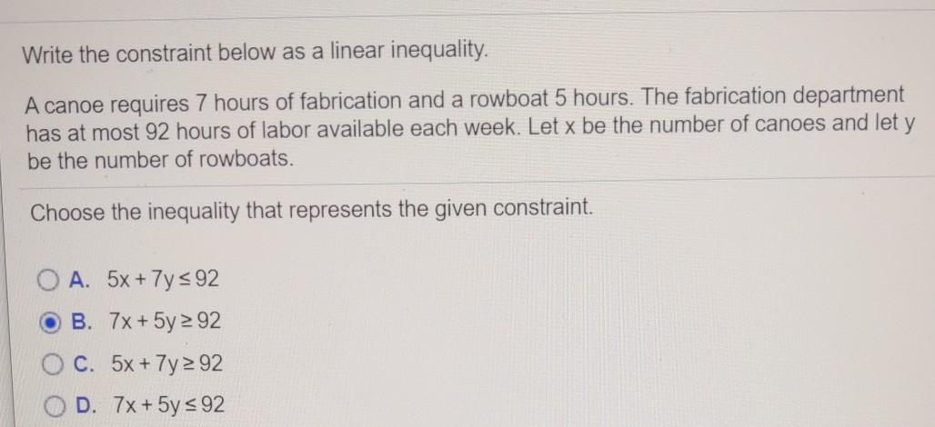 Solved Write the constraint below as a linear inequality. A | Chegg.com