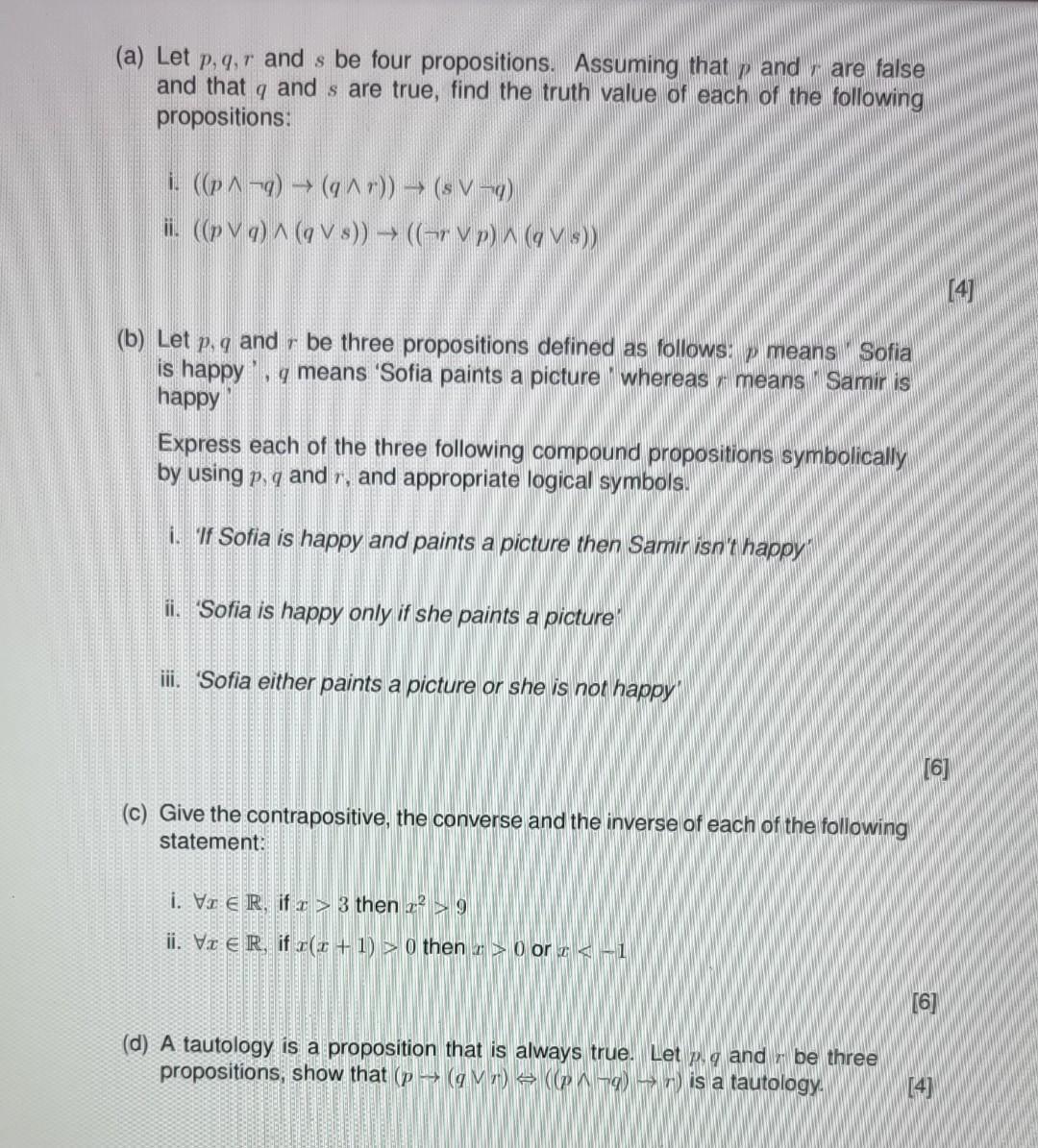 Solved (a) Let p,q,r and s be four propositions. Assuming | Chegg.com