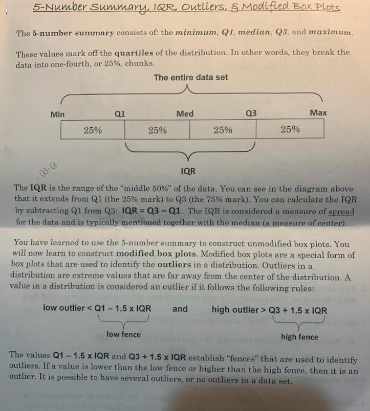 Solved 5-Number Summary, 1QR, outliers, E Modified Box Plots | Chegg.com