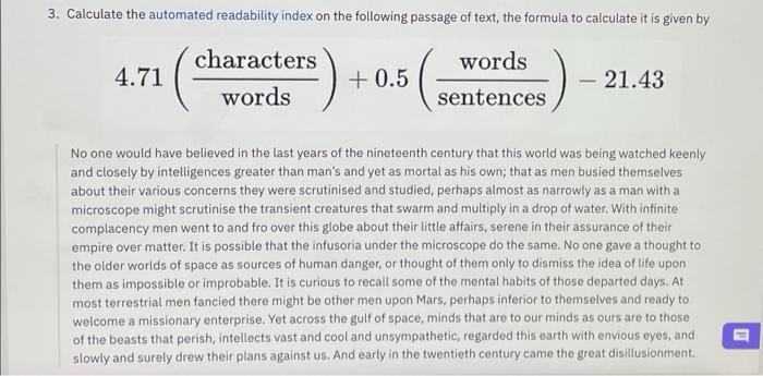 Solved 3. Calculate the automated readability index on the | Chegg.com