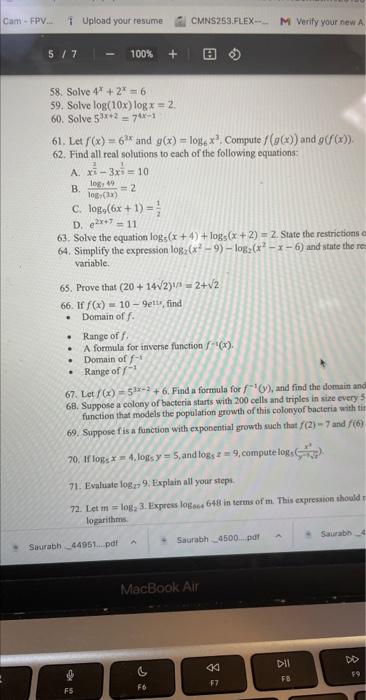 Solved 58. Solve \\( 4^{x}+2^{x}=6 \\) 59. Solve \\( \\log | Chegg.com