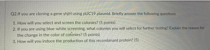 Solved Q2.If you are cloning a gene yhjH using pUC19 | Chegg.com