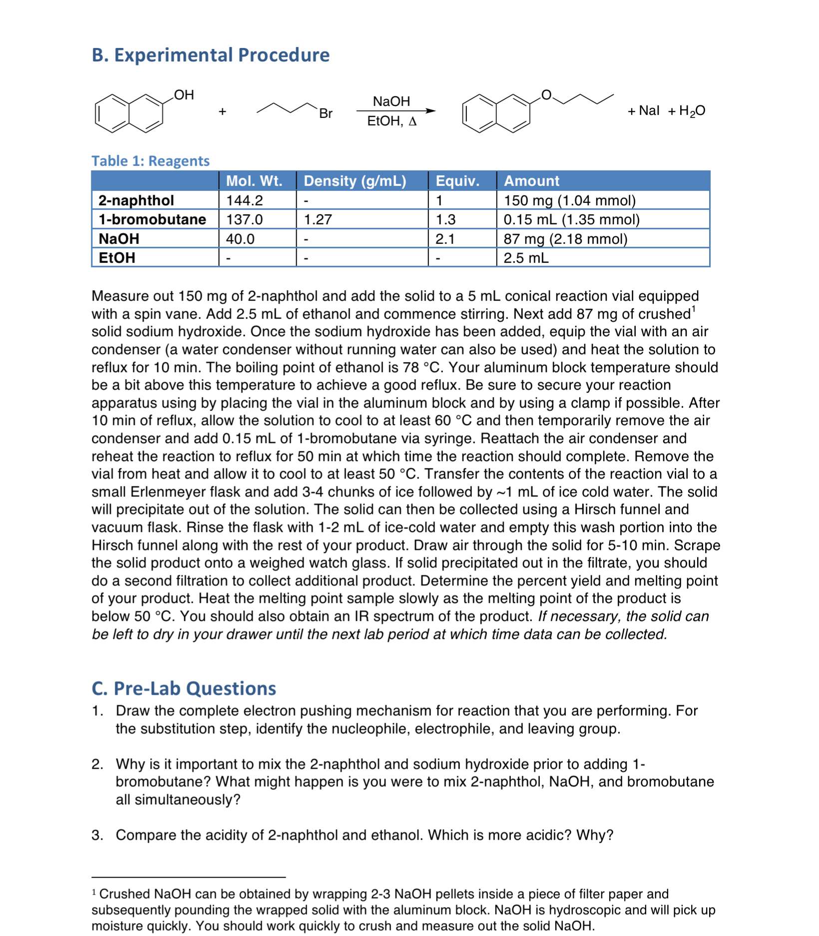 Solved B. Experimental ProcedureTable 1: | Chegg.com Solved B. Experimental ProcedureTable 1: | Chegg.com