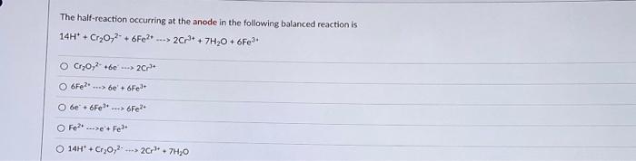 Solved The half-reaction occurring at the anode in the | Chegg.com