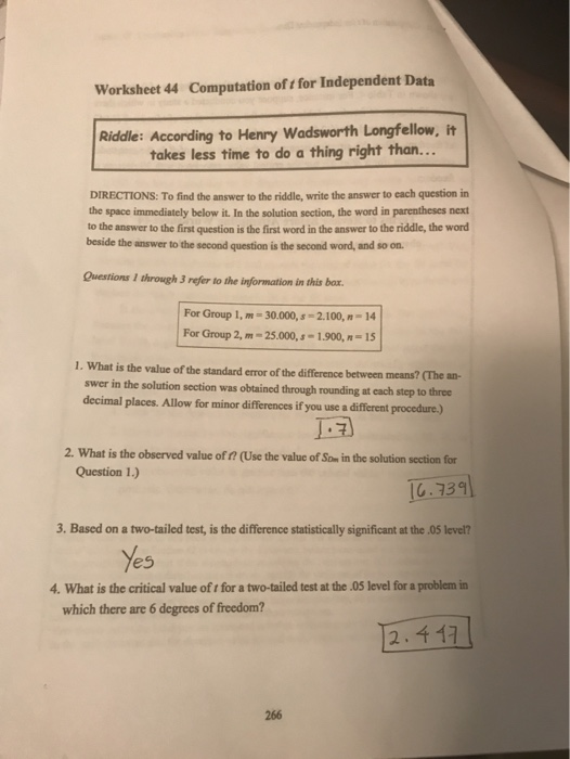 Solved Worksheet 44 Computation of t for Independent Data | Chegg.com