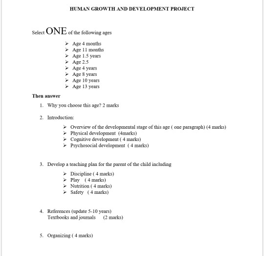 Solved HUMAN GROWTH AND DEVELOPMENT PROJECT Select ONE of | Chegg.com