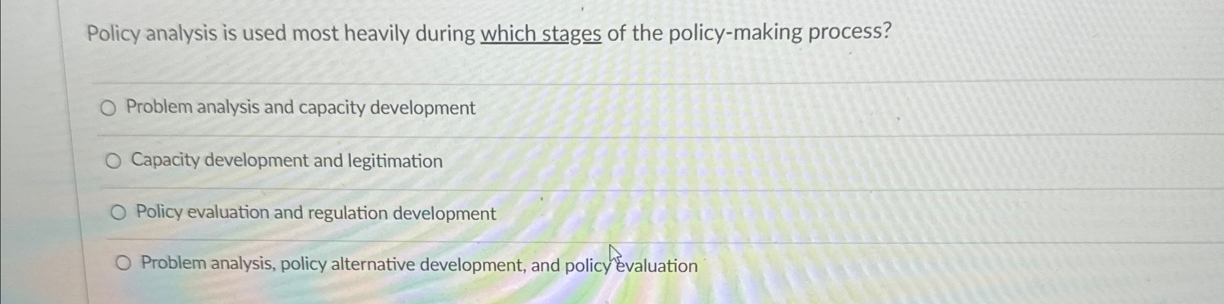 Solved Policy analysis is used most heavily during which | Chegg.com