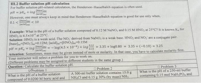 Solved III.2 Buffer solution pH calculation For buffer | Chegg.com