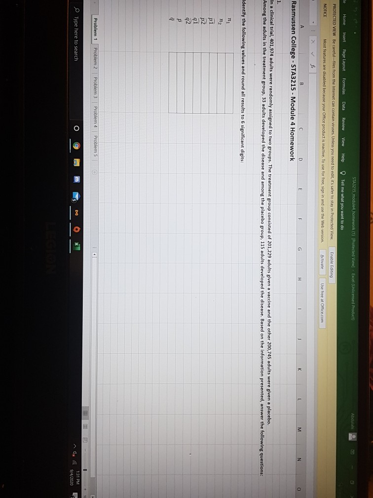 Solved STA3215_module_homework (1) (Protected View) - Excel | Chegg.com