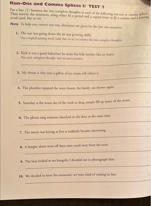 Run-Ons and Comma Splices It TEST 1 Put a line ( ∣ ) | Chegg.com