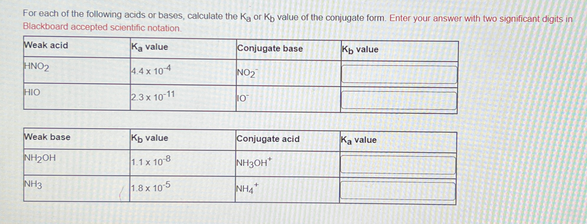 Solved For each of the following acids or bases, calculate | Chegg.com