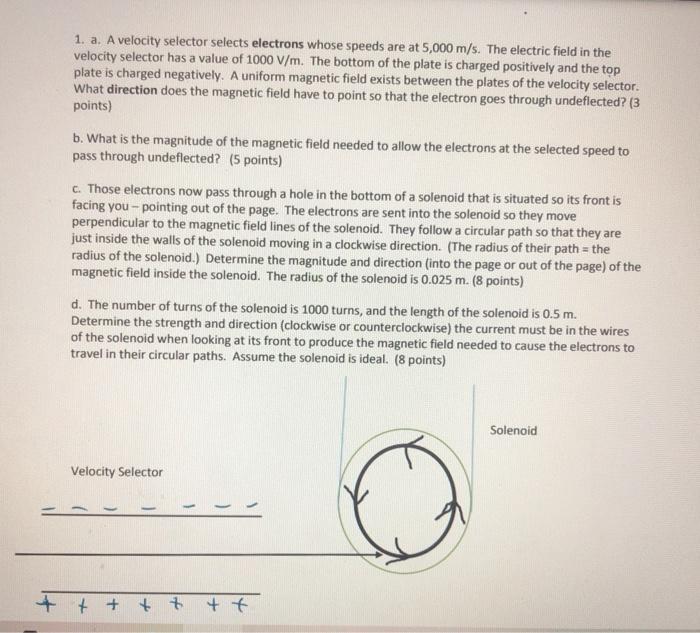 Solved 1. a. A velocity selector selects electrons whose | Chegg.com