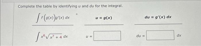 Solved Complete the table by identifying u and du for the | Chegg.com