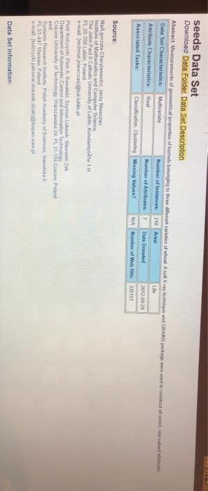 Refer to the seeds dataset from UCI found here. The | Chegg.com