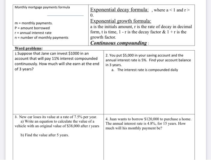 Solved Monthly mortgage payments formula Exponential decay | Chegg.com