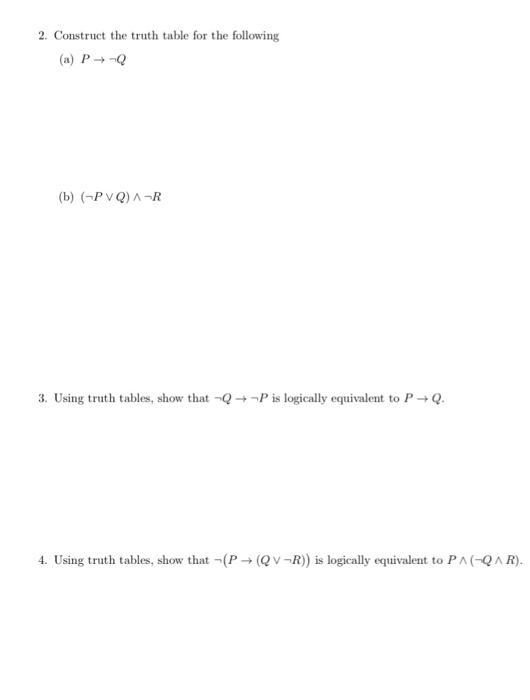 Solved 2. Construct the truth table for the following (a) | Chegg.com
