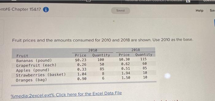 Solved Fruit prices and the amounts consumed for 2010 and | Chegg.com