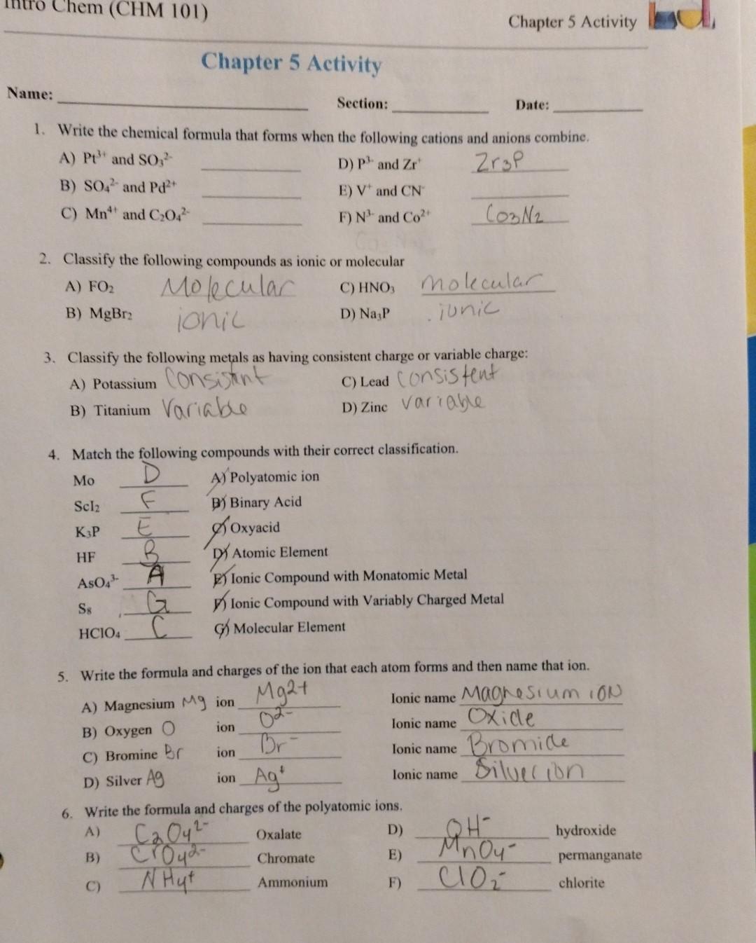 Solved Chem (CHM 101) Chapter 5 Activity Chapter 5 Activity | Chegg.com