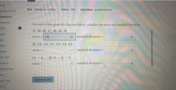 Solved For each of the given the data sets below, calculate | Chegg.com
