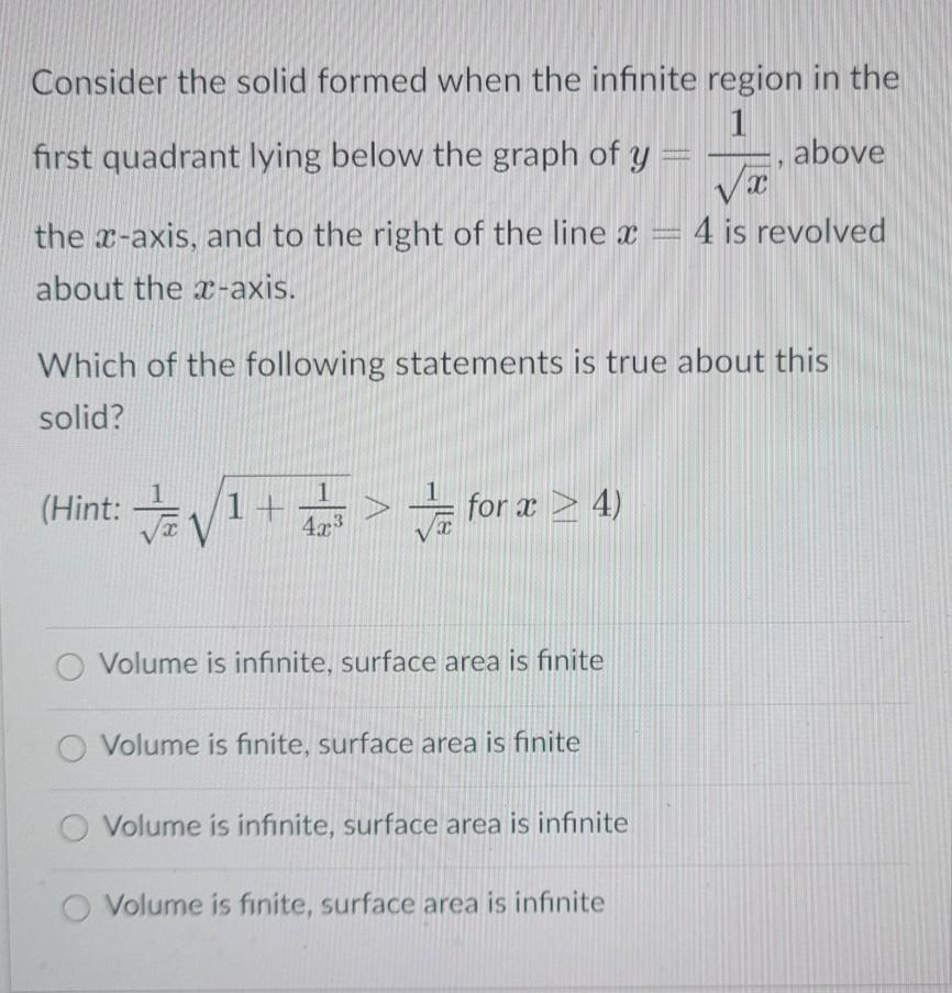 Solved Consider the solid formed when the infinite region in | Chegg.com