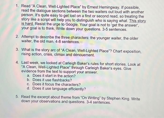 1. Read "A Clean, Well-Lighted Place" by Ernest | Chegg.com