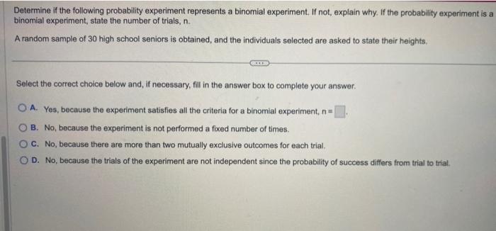 Solved Determine if the following probability experiment | Chegg.com
