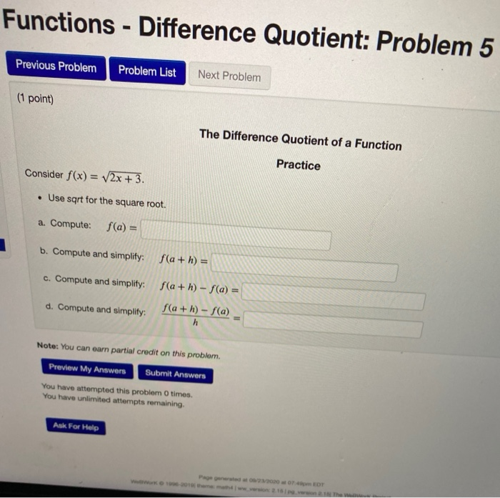 Solved Functions - Difference Quotient: Problem 5 Previous | Chegg.com