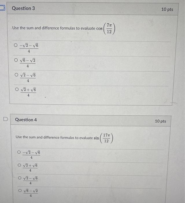 Solved Use the sum and difference formulas to evaluate | Chegg.com