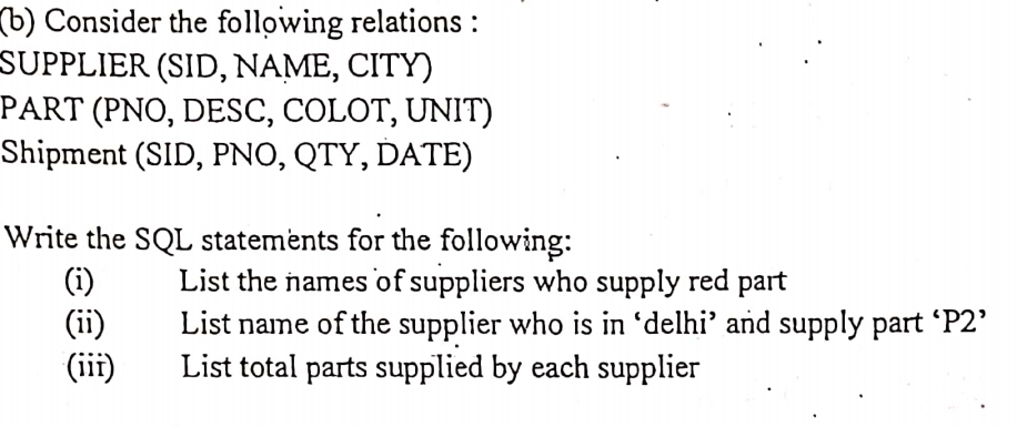 Solved (b) ﻿Consider the following relations:SUPPLIER (SID, | Chegg.com