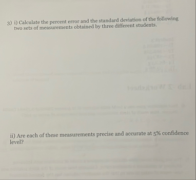 Solved i) ﻿Calculate the percent error and the standard | Chegg.com